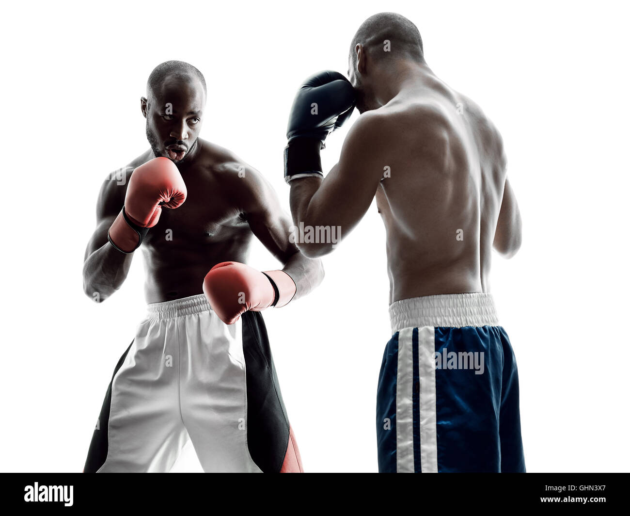 zwei Herren Boxer Boxen auf isolierte Silhouette weißer Hintergrund ...