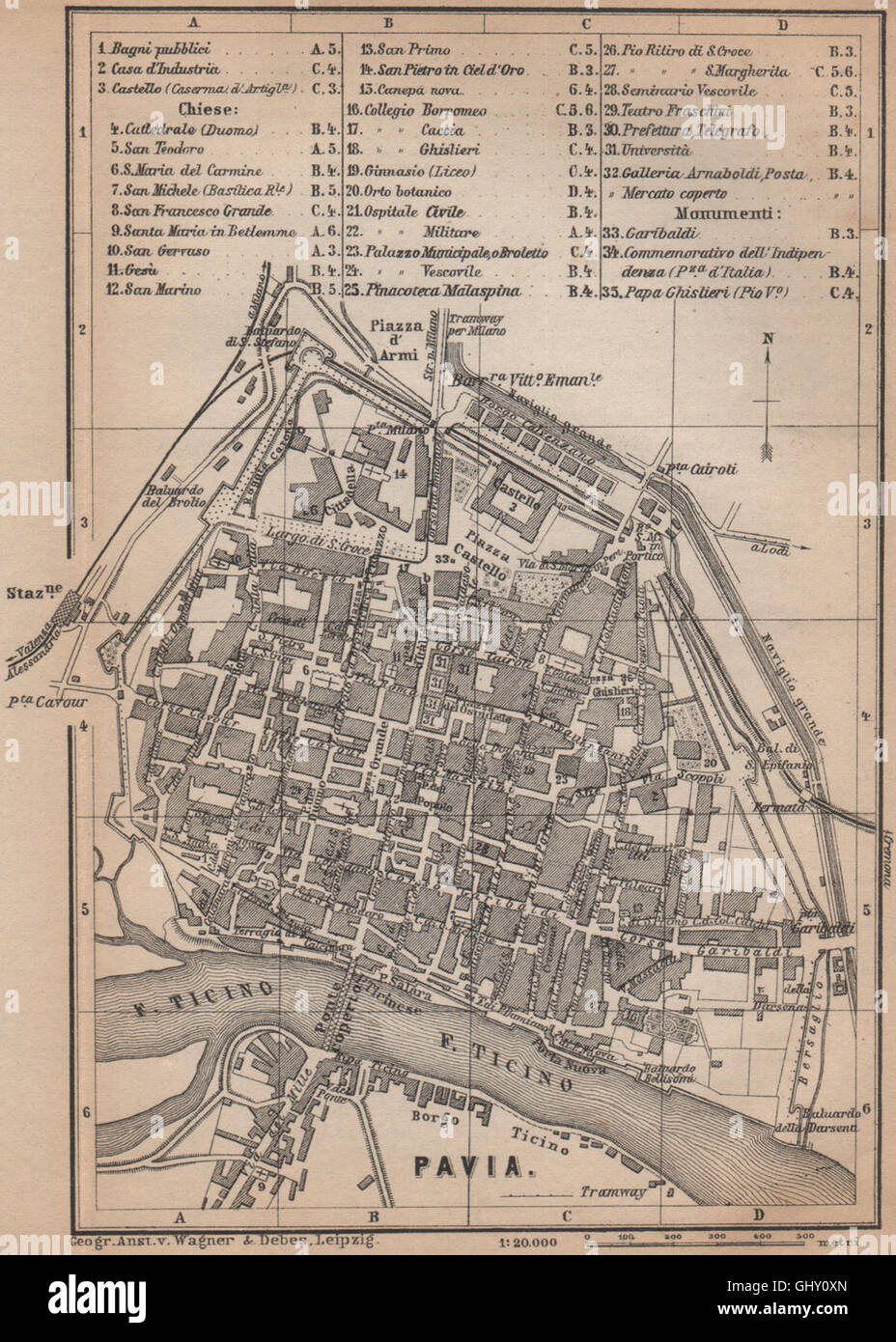 PAVIA antiken Stadt Stadt Plan Klavier interne. Italien-Mappa. BAEDEKER ...