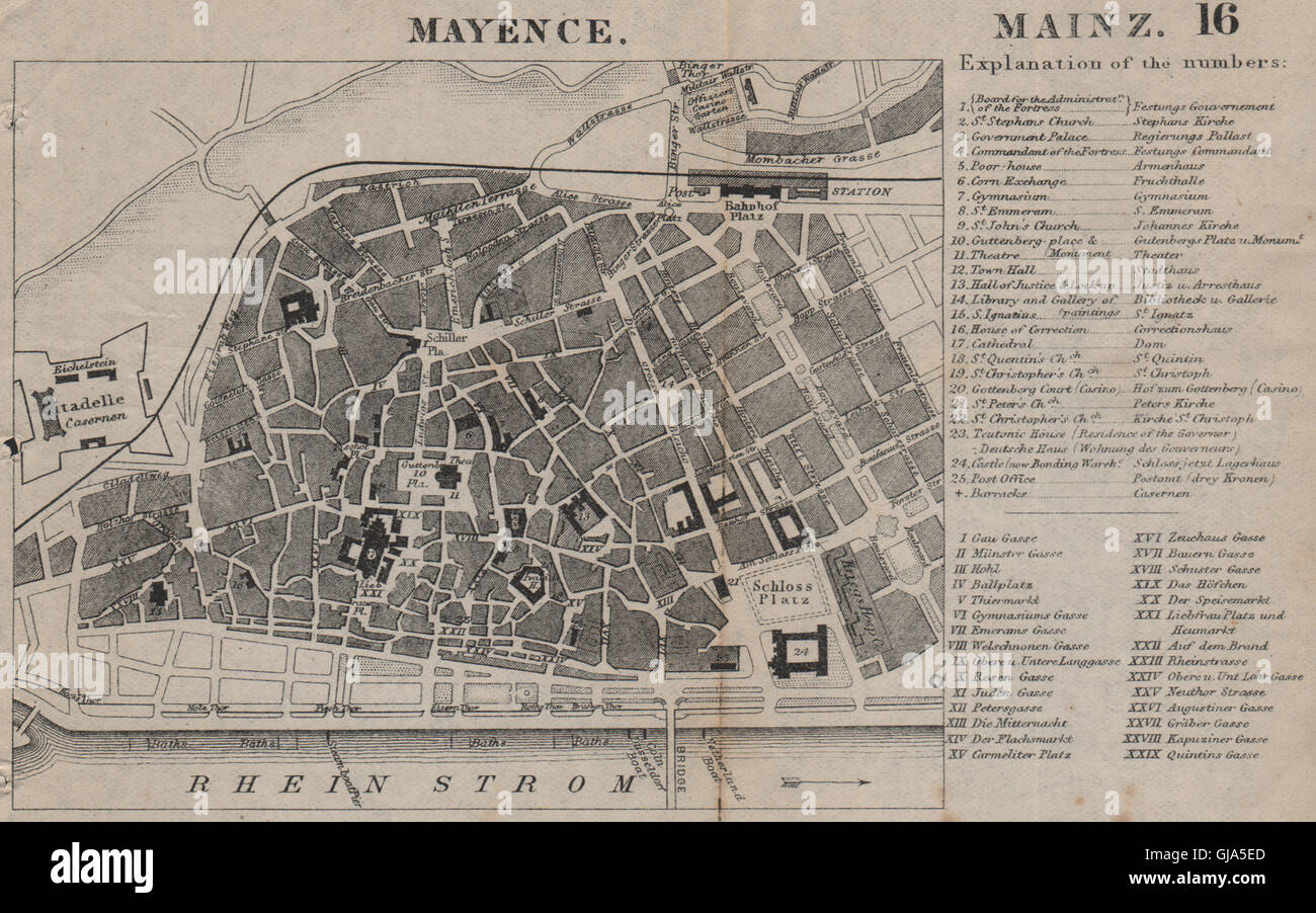 MAINZ MAINZ. Antike Stadtplan. Stadtplan. Deutschland. BRADSHAW, 1895 ...