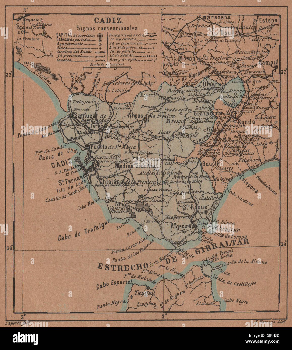 CÁDIZ. Cadiz. Andalucia. Mapa Antiguo De La Provincia, 1905 ...
