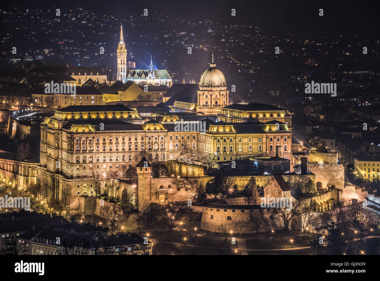 Budaer Burg oder Royal Palace in Budapest, Ungarn-nachts beleuchtet ...