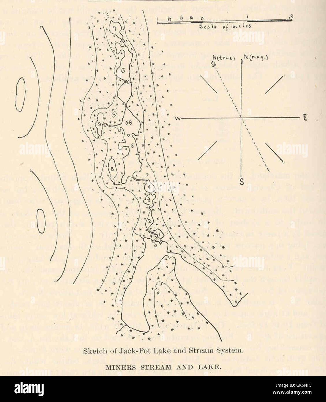 Eine Skizze, die den Jack-Pot Lake und sein verbundenes Flusssystem ...