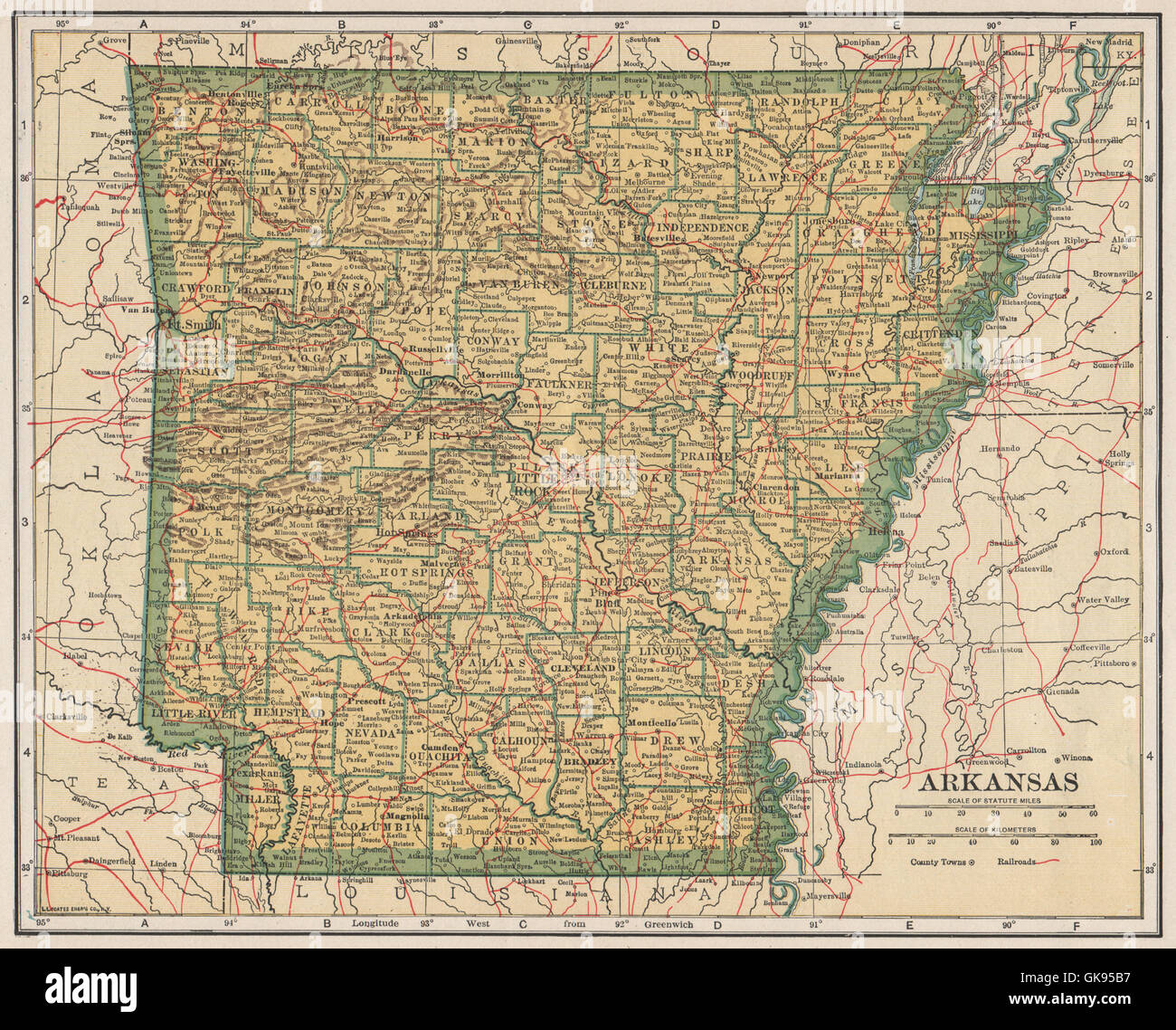 Arkansas State Karte mit Eisenbahnen. POATES, 1925 Stockfotografie - Alamy