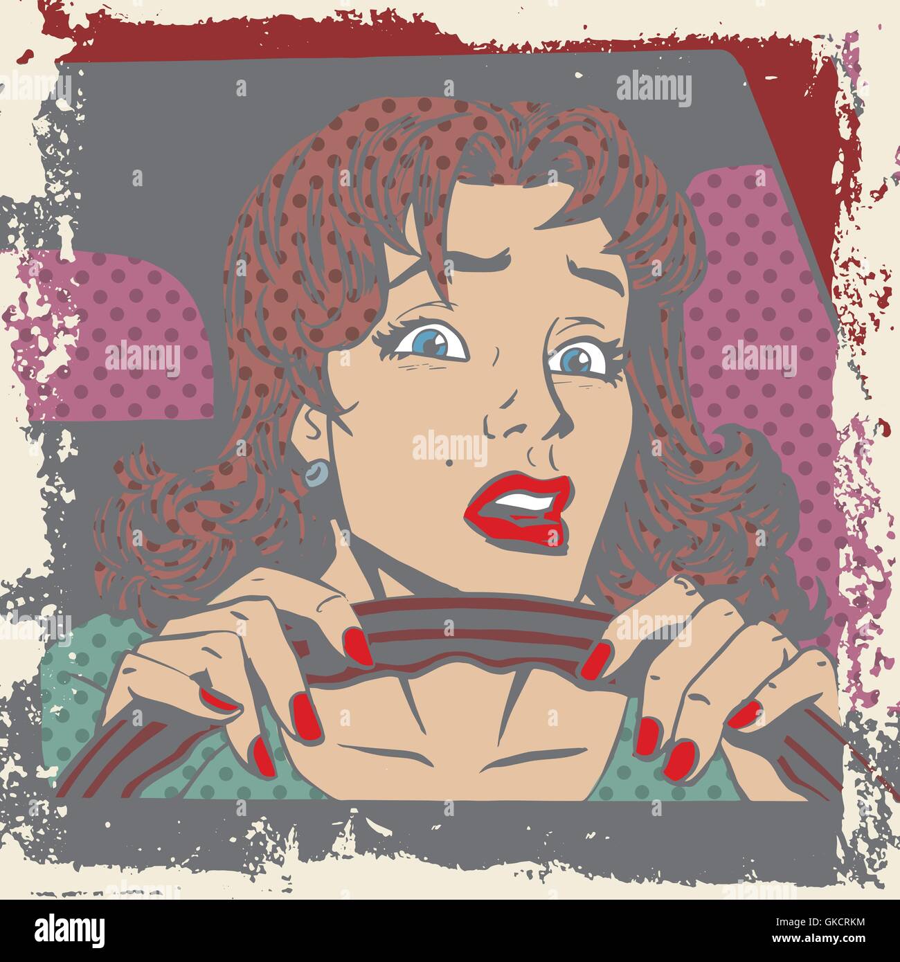 Angst, Frau Fahrer hinter dem Lenkrad ein Auto Pop-Art-Comic re Stock ...