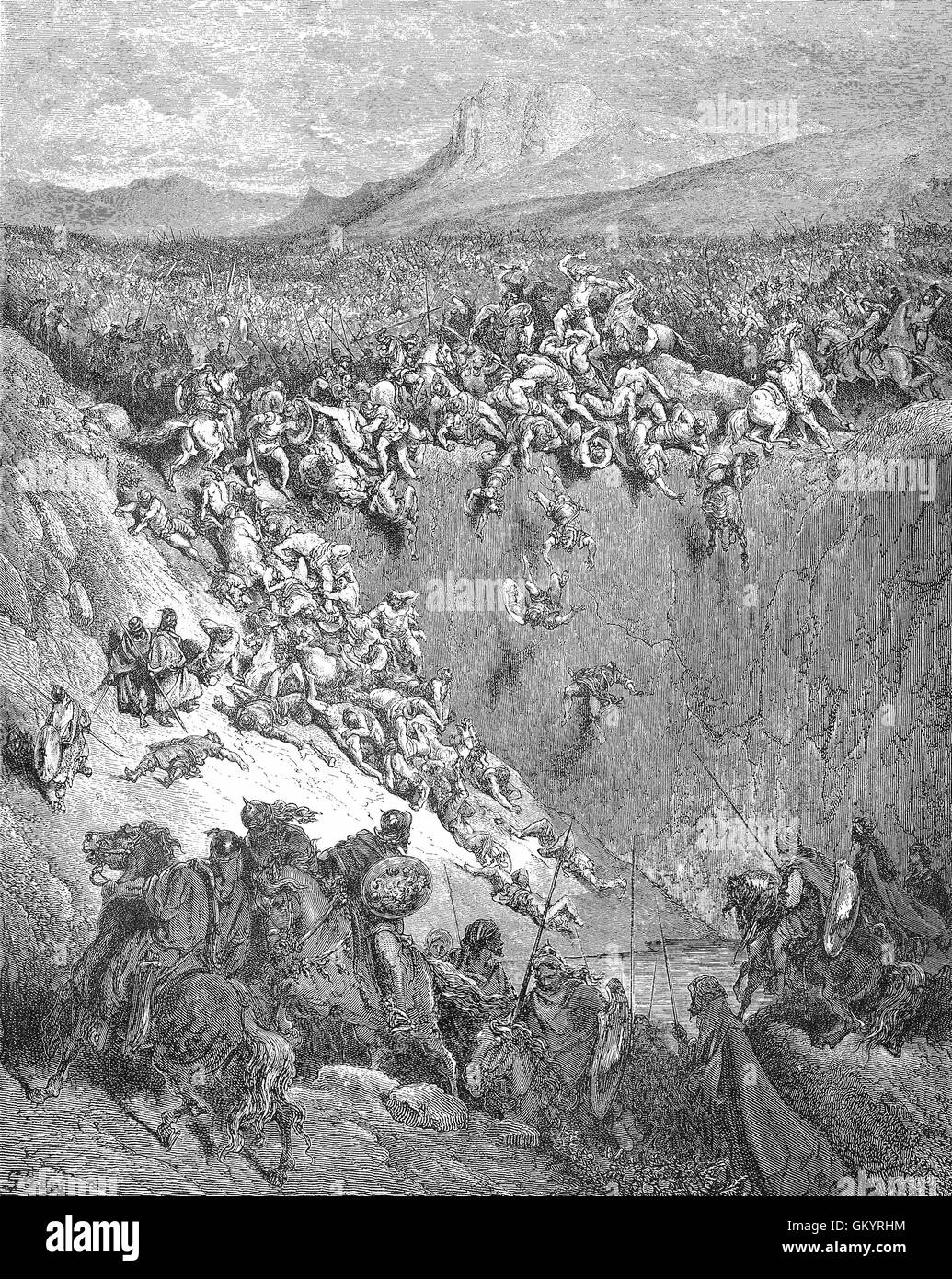 Gravur von Samson zerstören die Philister mit dem Kieferknochen eines ...