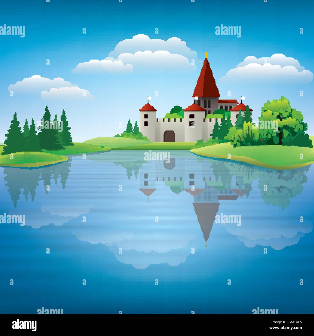 Cartoon-Zeichnung Schloss und einem Teich Vektor-Illustration Stock ...
