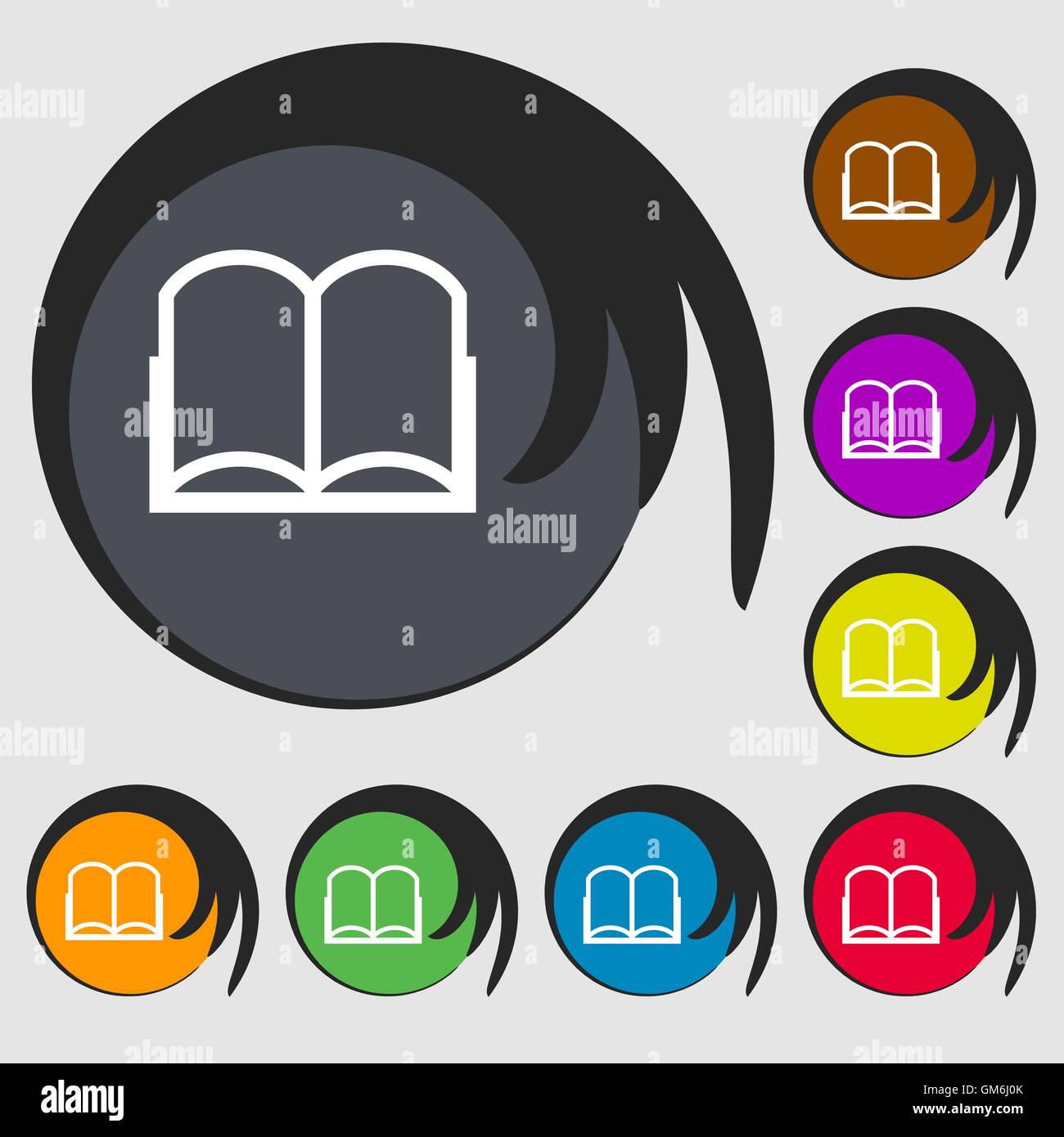 Buch-Schild-Symbol. Offenes Buch Symbol. Symbole auf acht farbigen ...