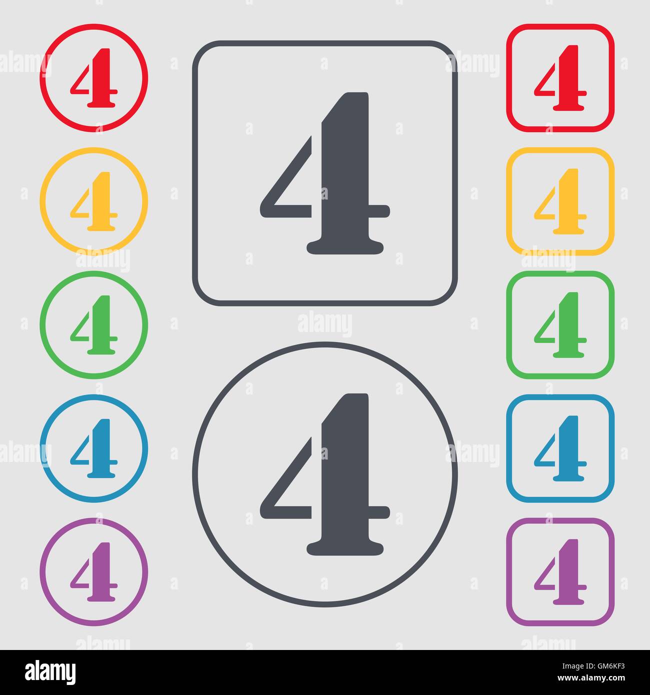 Nummer vier Symbol Zeichen. Symbole auf der Runde und Platz-Tasten mit ...