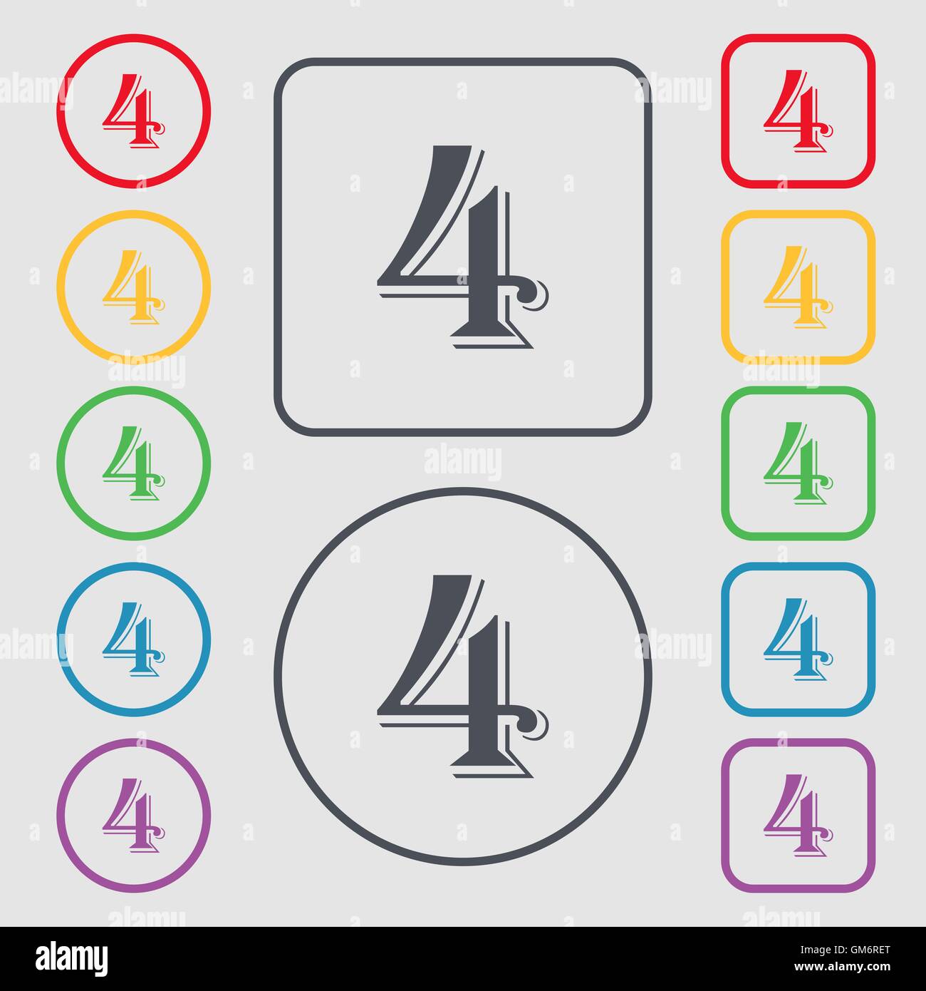 Nummer vier Symbol Zeichen. Symbole auf der Runde und Platz-Tasten mit ...