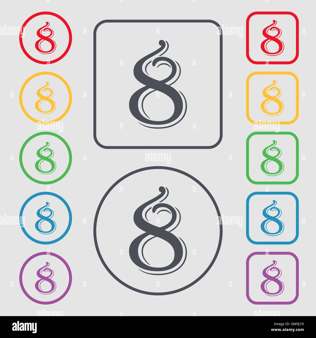 Nummer acht Symbol Zeichen. Symbole auf der Runde und Platz-Tasten mit ...