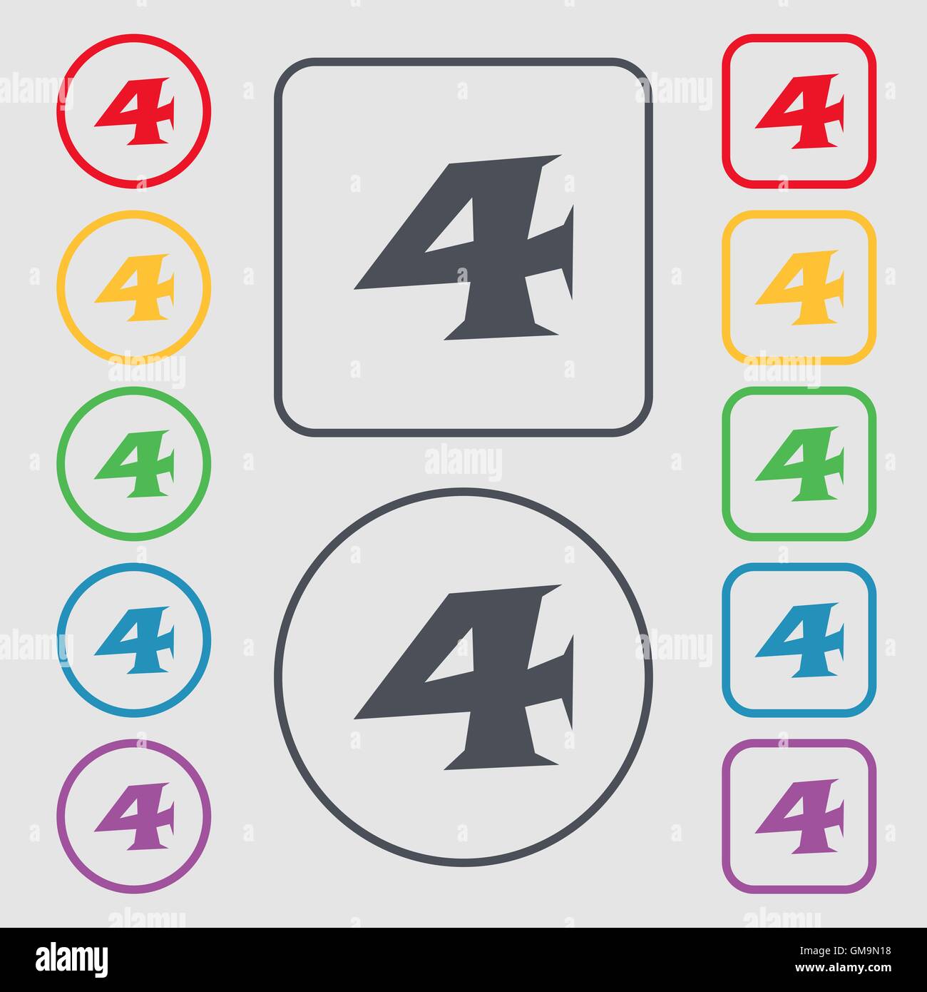 Nummer vier Symbol Zeichen. Symbole auf der Runde und Platz-Tasten mit ...