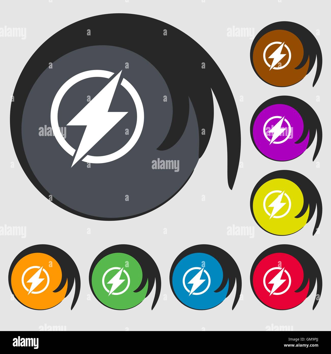 Foto Flash-Schild-Symbol. Blitz-Symbol. Symbole auf acht farbigen ...