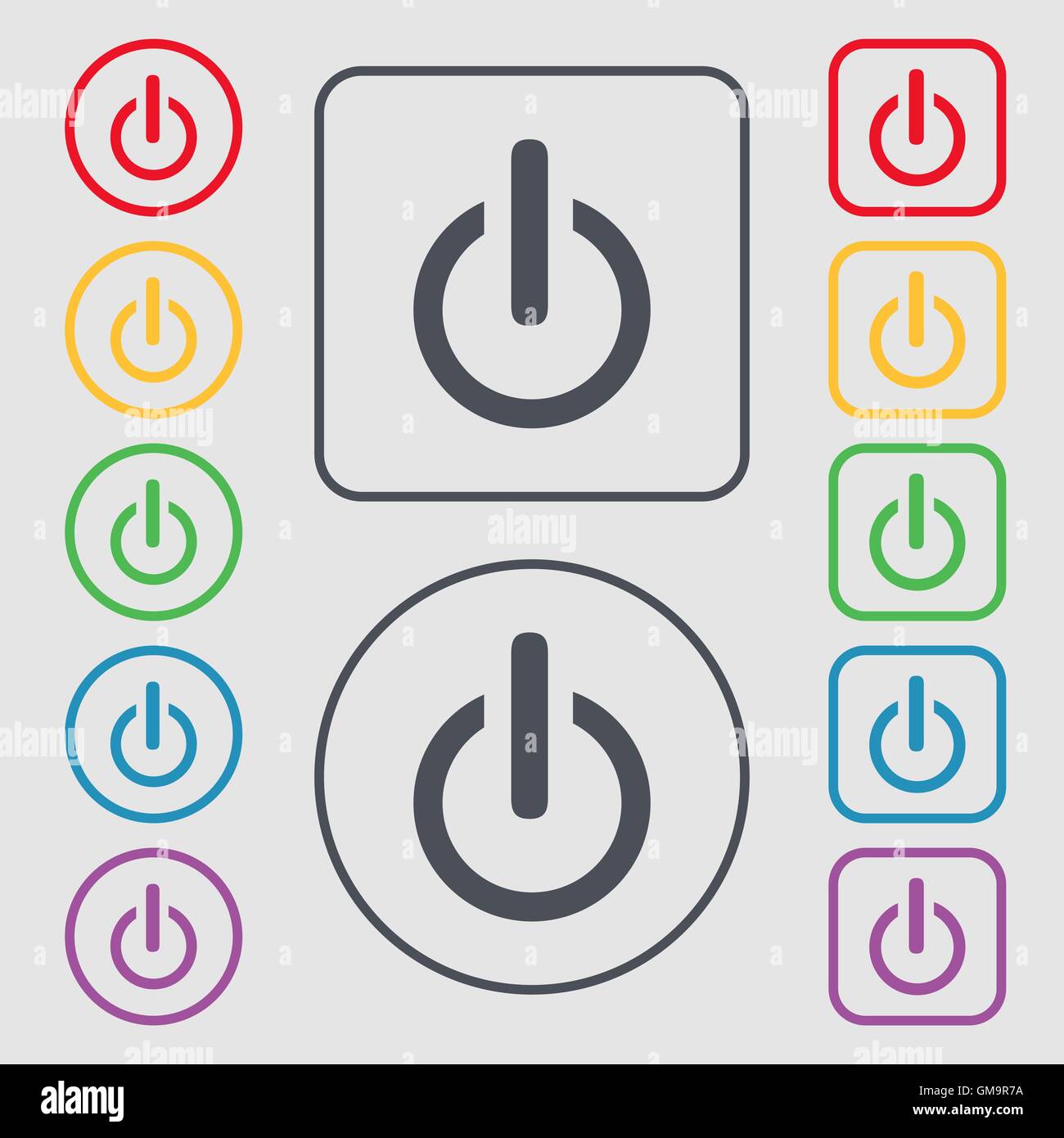 Power-Zeichen-Symbol. Schalter-Symbol. Symbole auf der Runde und Platz ...