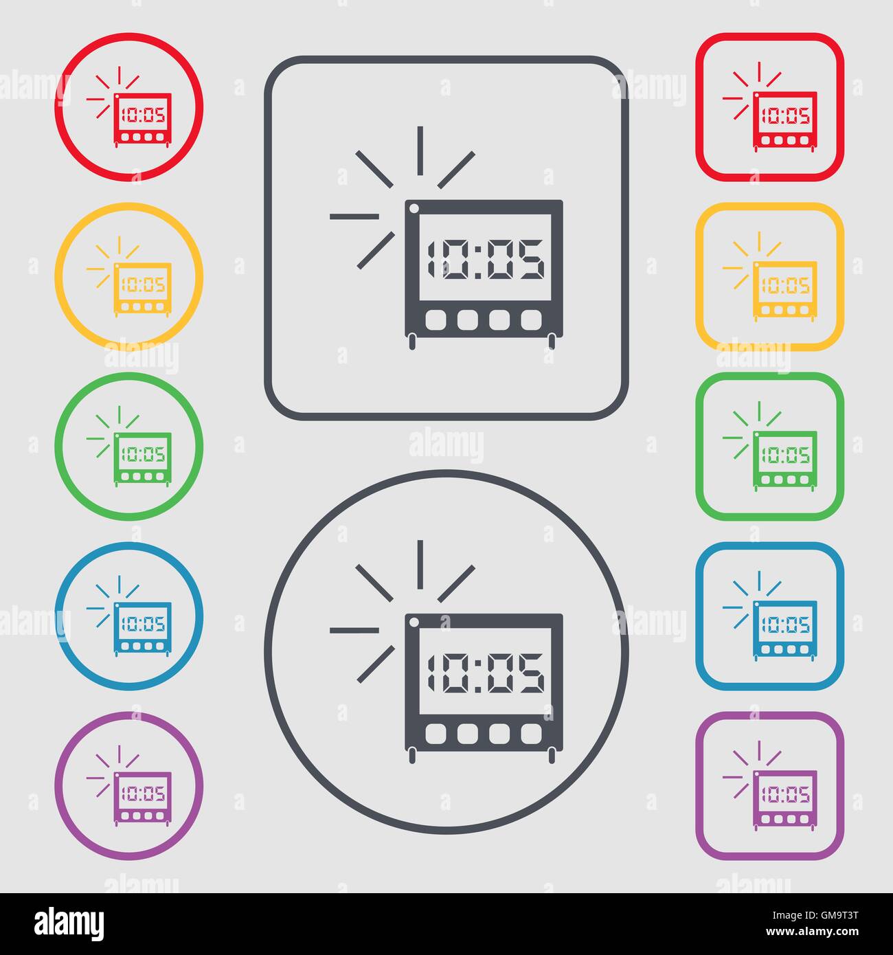 Digitaler Wecker-Symbol Zeichen. Symbole auf der Runde und Platz-Tasten ...