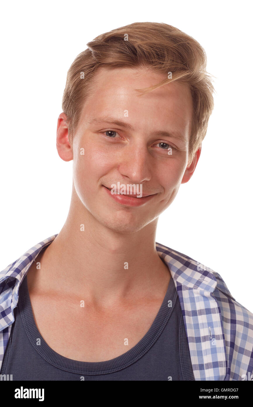 Junge Mann blickte glücklich Nahaufnahme Hochformat Stockfotografie - Alamy