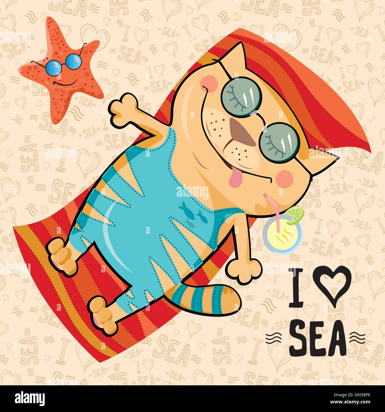 Vektor-Karte mit Katze am Strand Stock-Vektorgrafik - Alamy