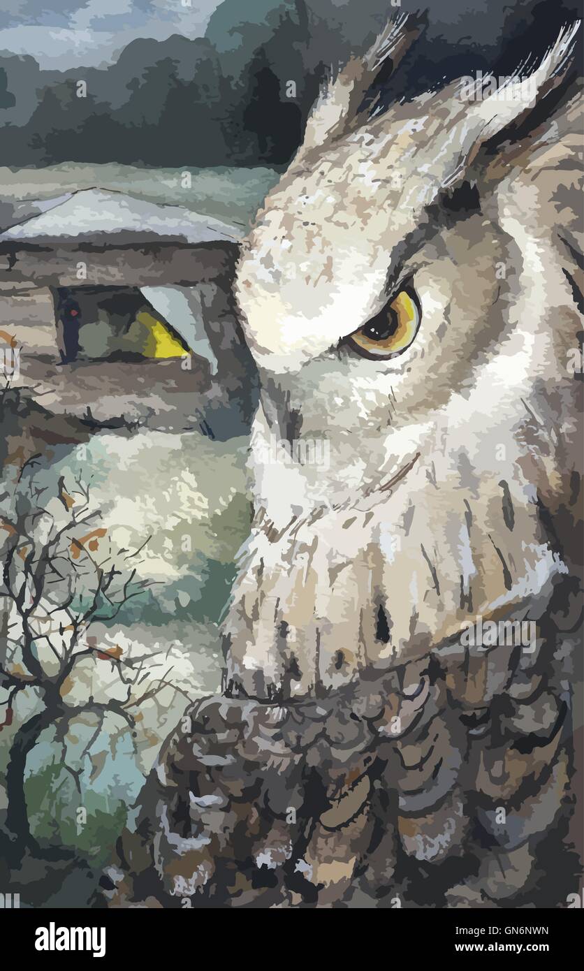 Aquarell Eule Natur Hand gezeichnet Illustration, Vektor Stock ...