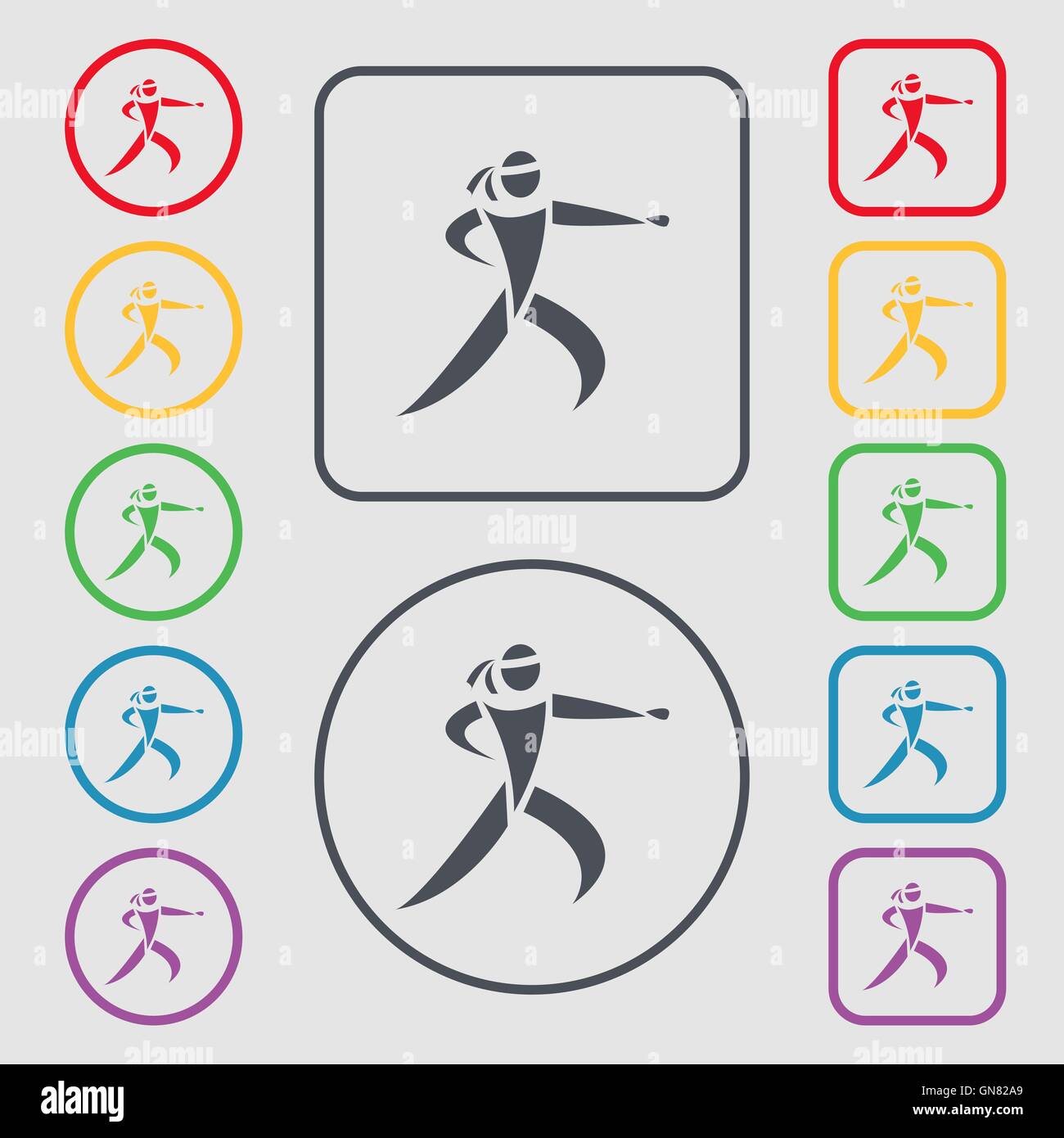 Karate kick Symbol Zeichen. Symbol auf der Runde und quadratische ...