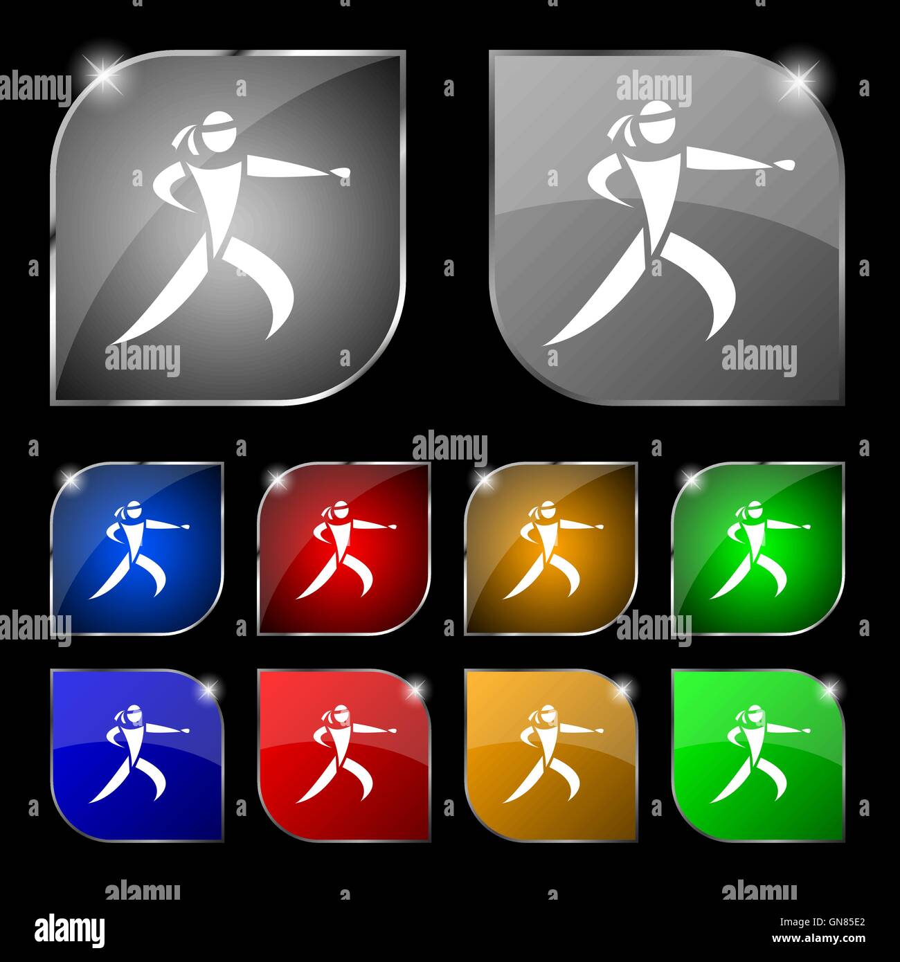 Karate kick Symbol Zeichen. Satz von zehn bunte Knöpfe mit Blendung ...