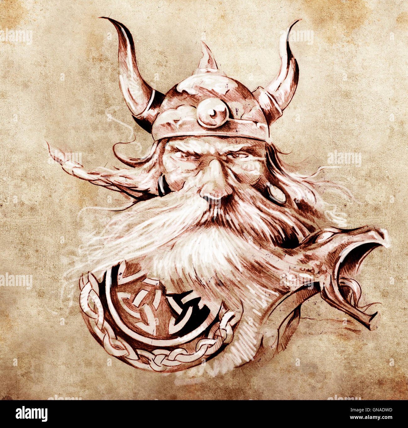 Tattoo-Kunst, Skizze, ein Wikinger-Krieger, Illustration von einem ...