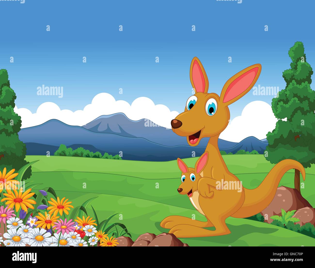 Cartoon-Känguru trägt eine niedliche Joey mit Landschaft Hintergrund ...