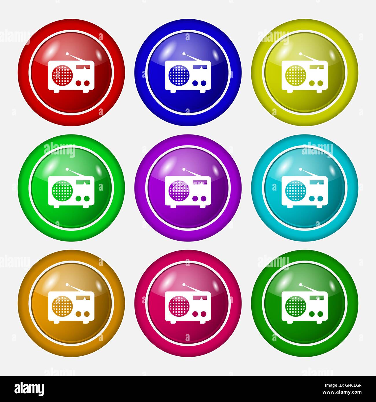 Retro-Radio-Symbol Zeichen. Symbol auf neun Runden bunten Knöpfen ...