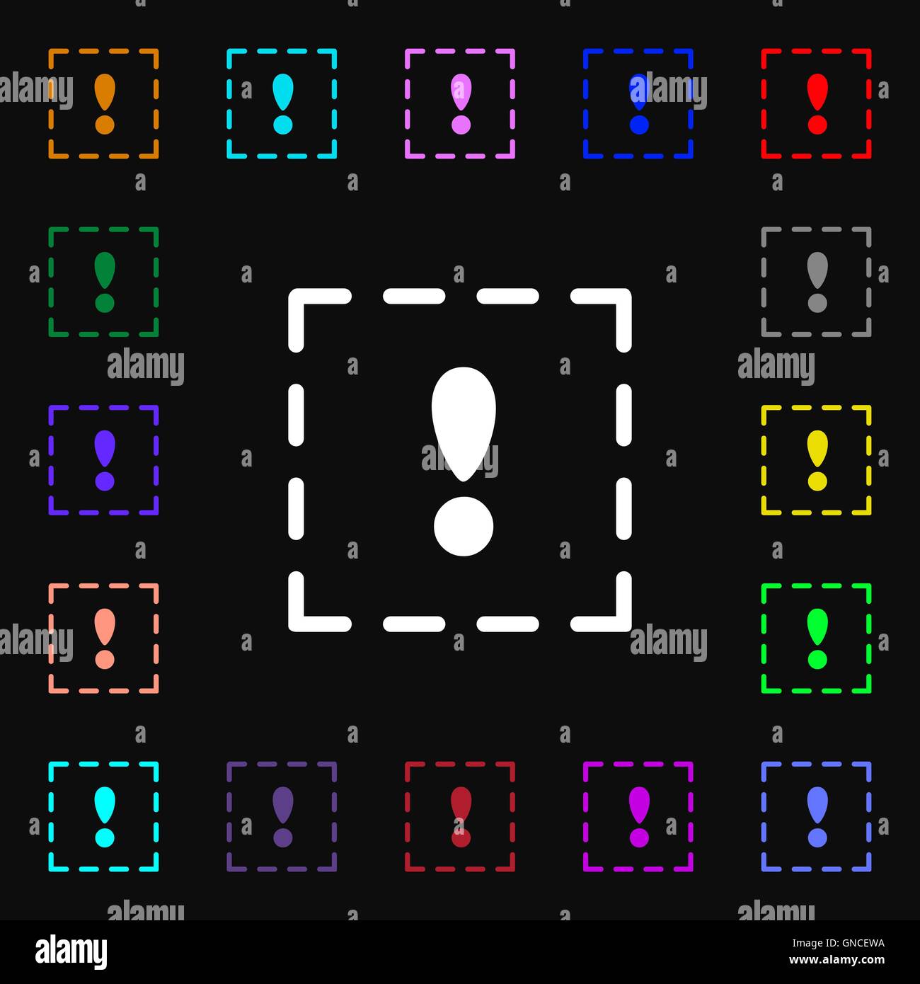 Das Ausrufezeichen in einem Quadrat-Zeichen. Viele bunte Symbole für ...