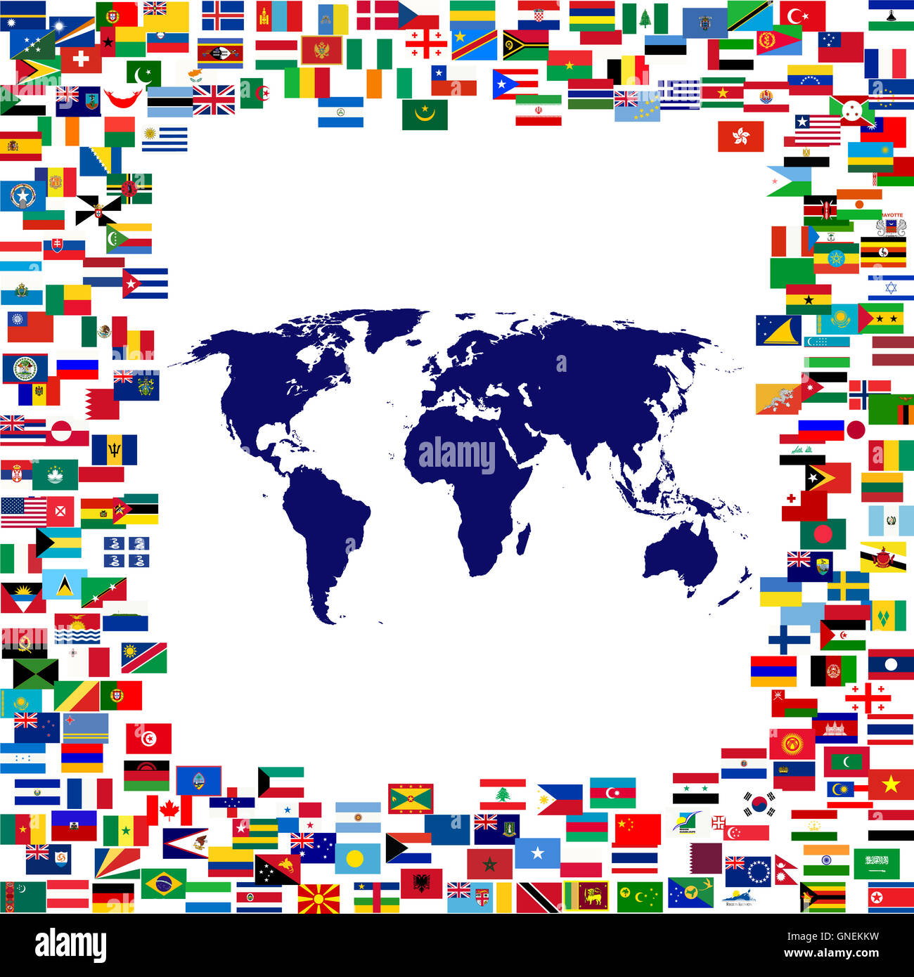 Weltkarte, umrahmt von Flaggen der Welt Stockfotografie - Alamy