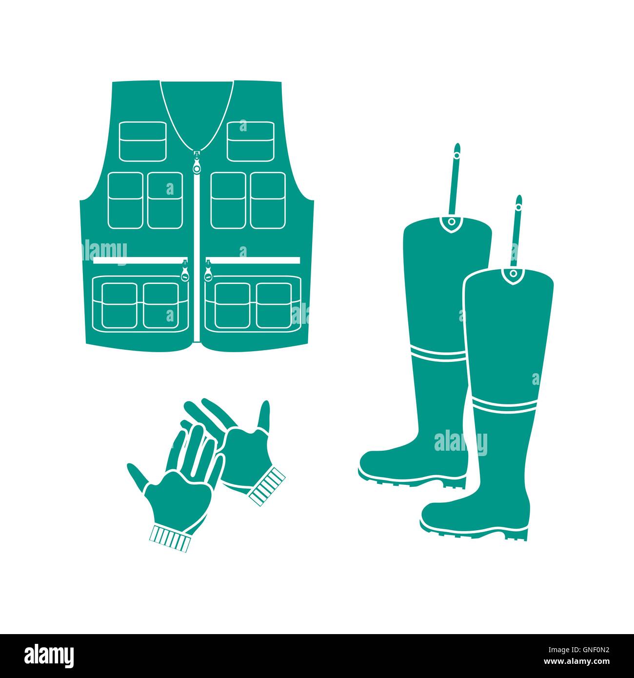 Stilisierte Icon Set von eine farbige Weste, Stiefel und Handschuhe auf ...