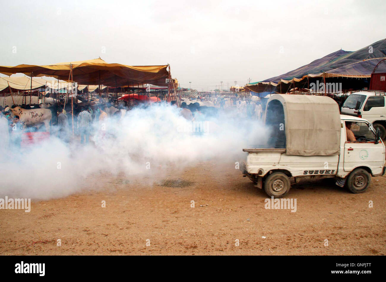 Gesundheitspersonal anti-Kongo Virus Spray auf einen provisorischen ...