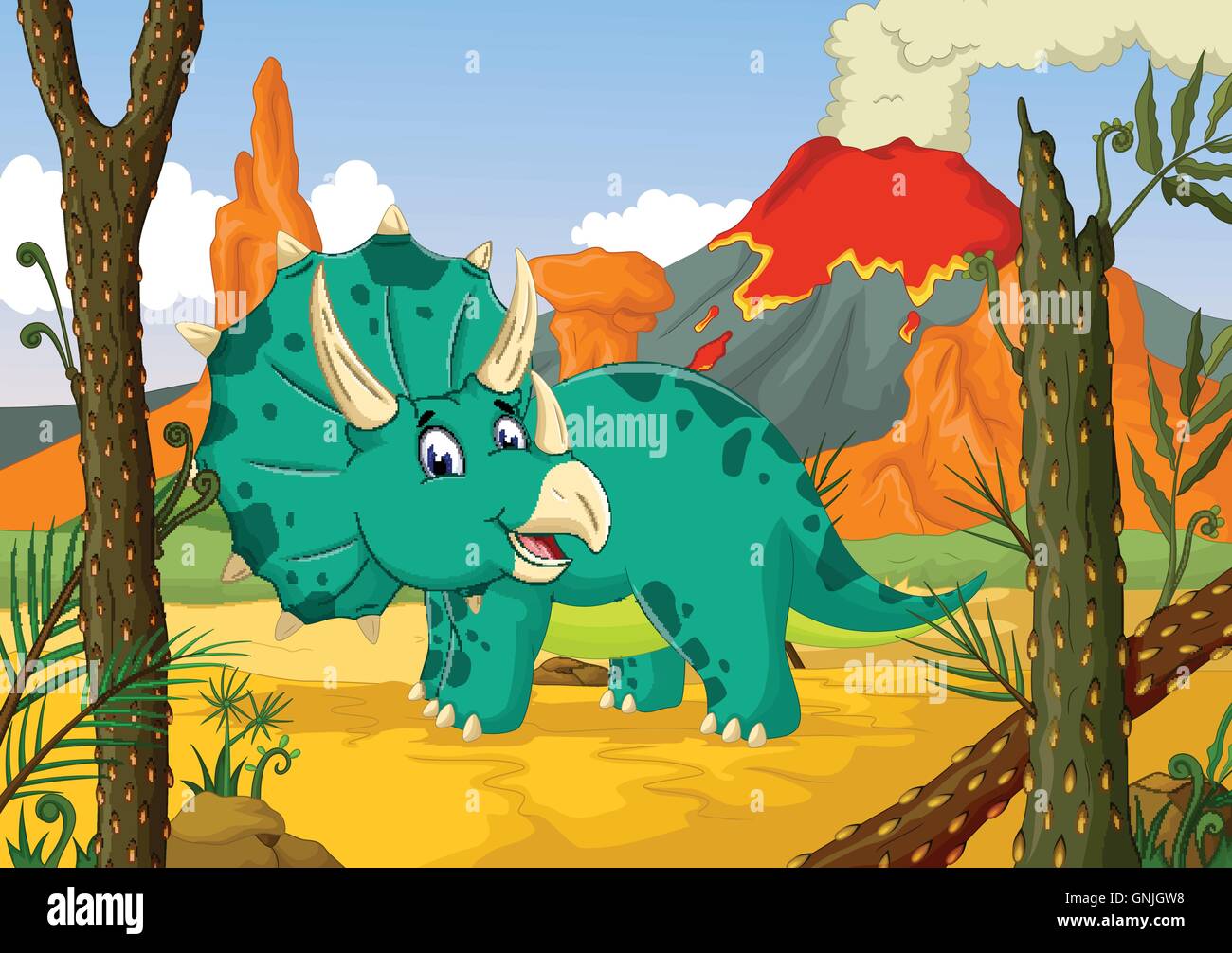 Lustige Comic-Triceratops mit Wald Landschaft Hintergrund Stock ...