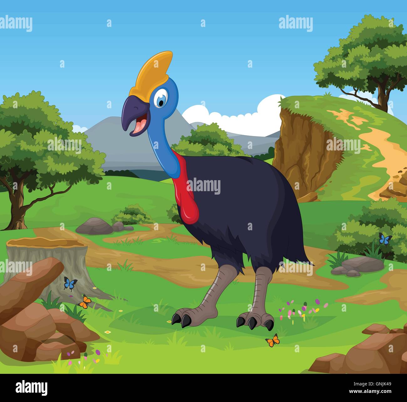 lustige Pfau Cartoon im Dschungel mit Landschaft Hintergrund Stock ...