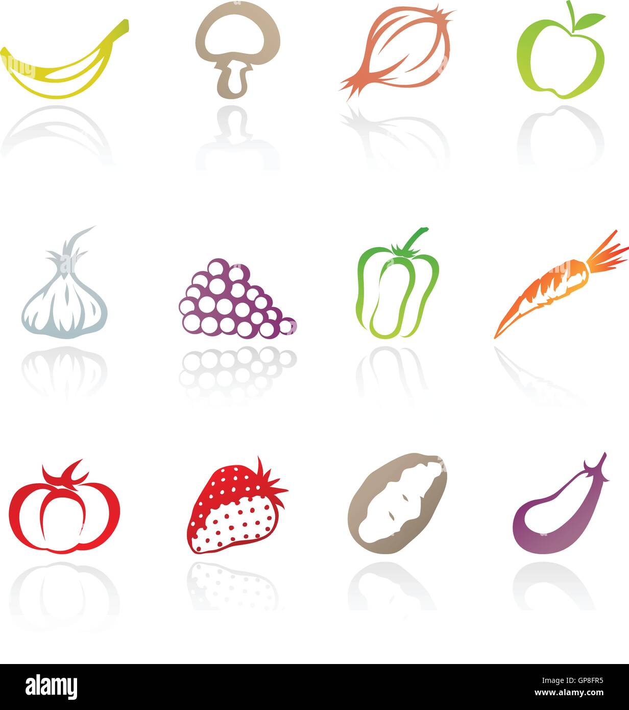 Icon-Set von verschiedenen Obst und Gemüse Stock-Vektorgrafik - Alamy