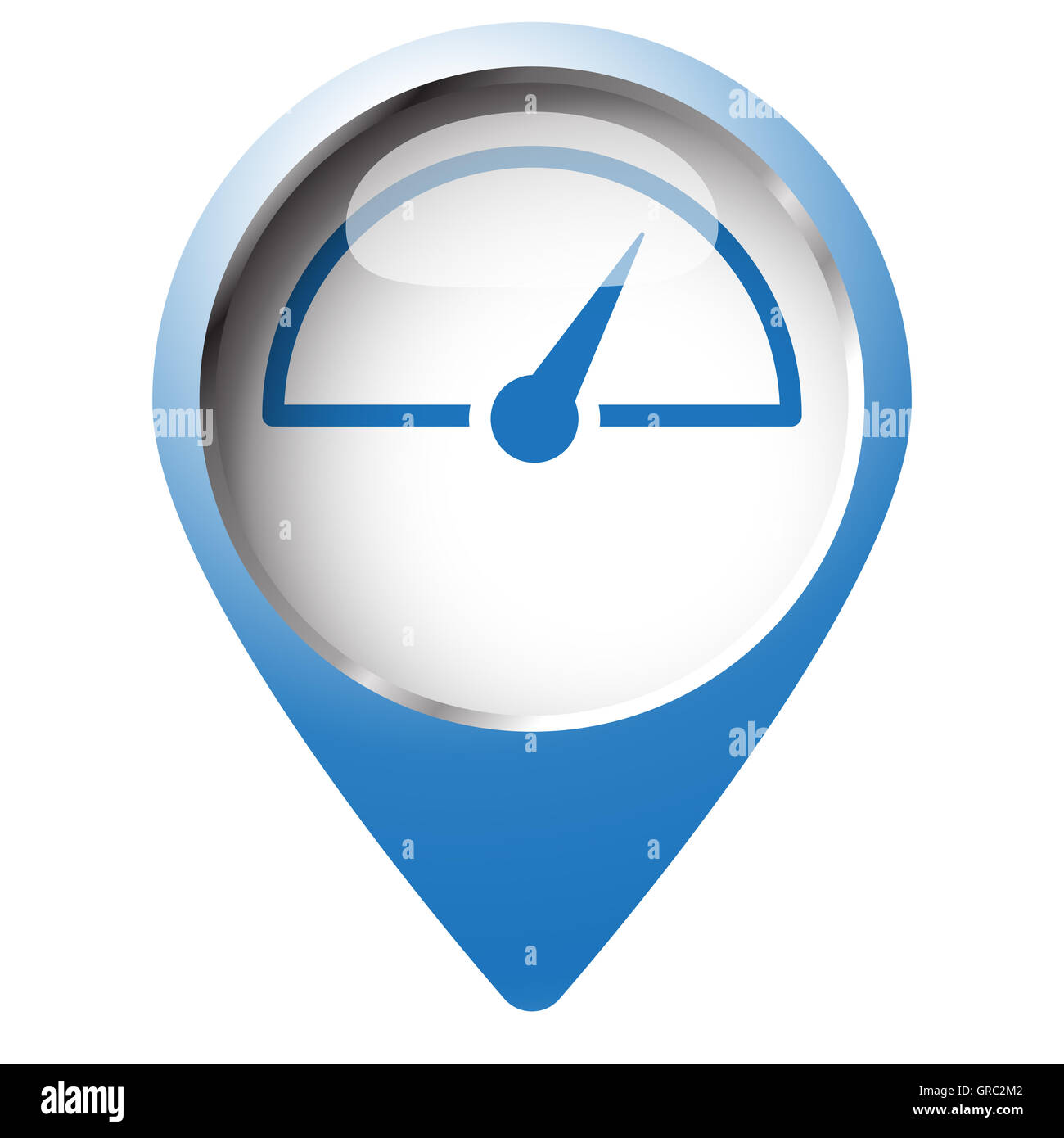 Karte-Pin-Symbol mit Tacho-Symbol. Blaue Raute auf weißem Hintergrund ...