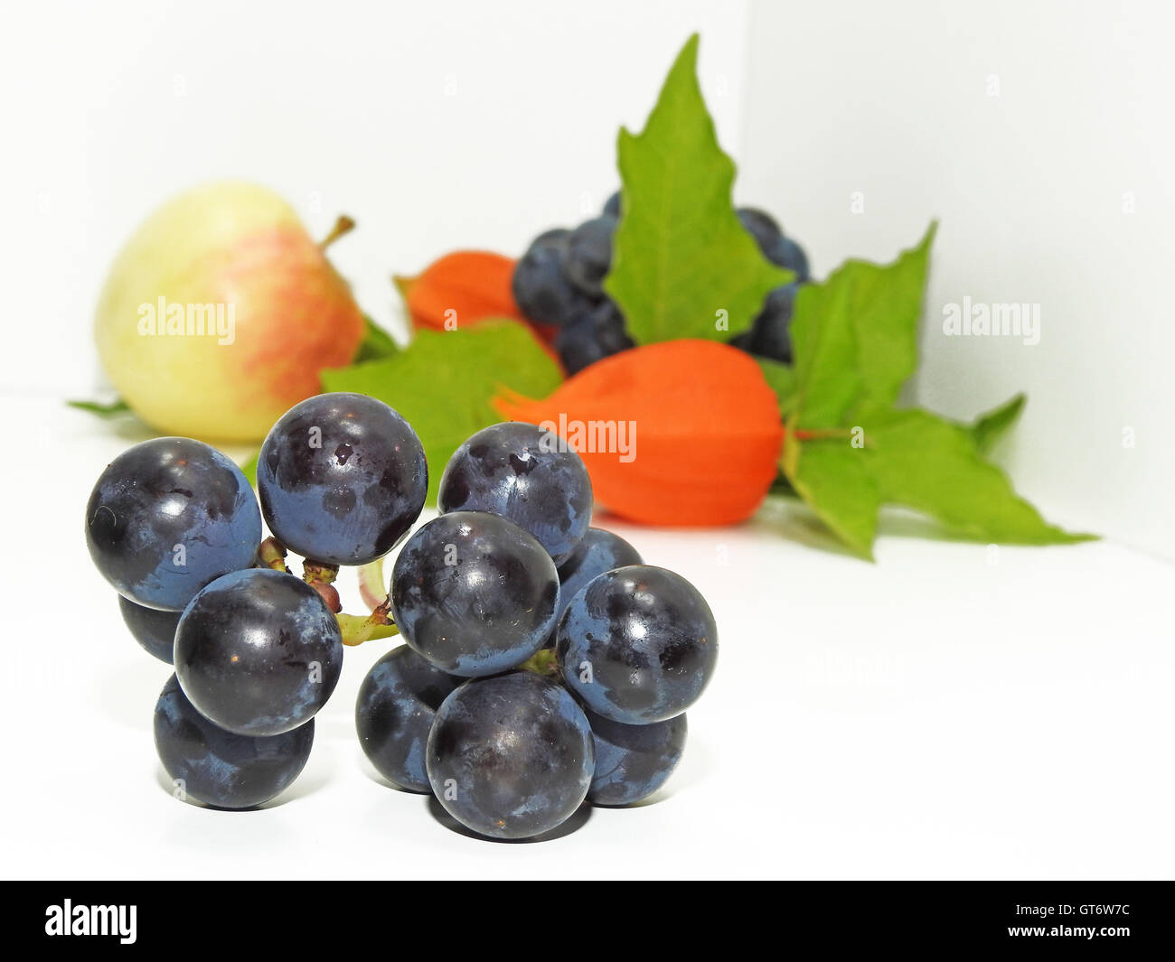Apple, Concord schwarze Trauben und Physalis Blume Stockfotografie - Alamy