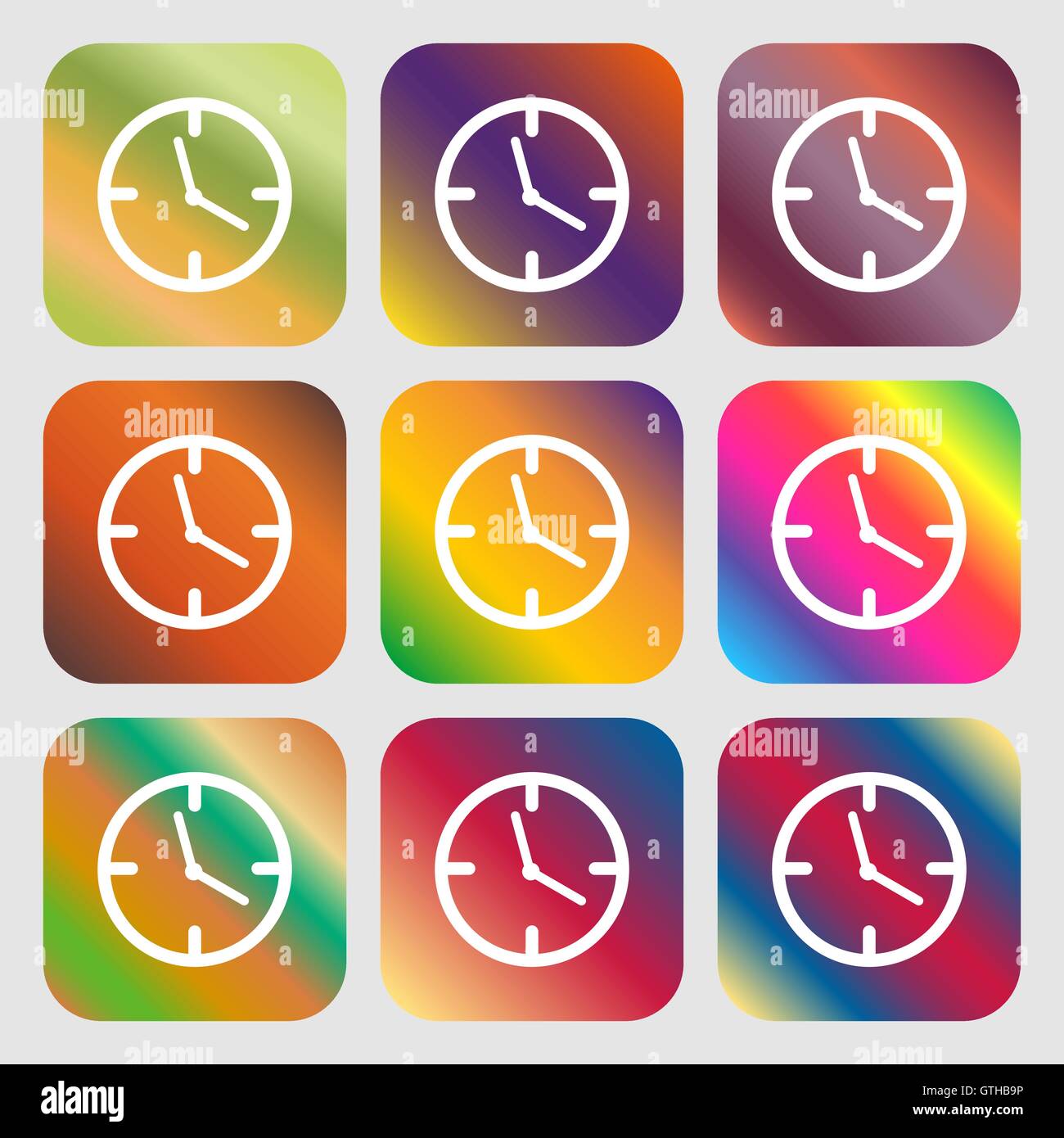Uhr-Zeit-Zeichen-Symbol. Mechanische Uhr Symbol. Neun Tasten mit hellen ...