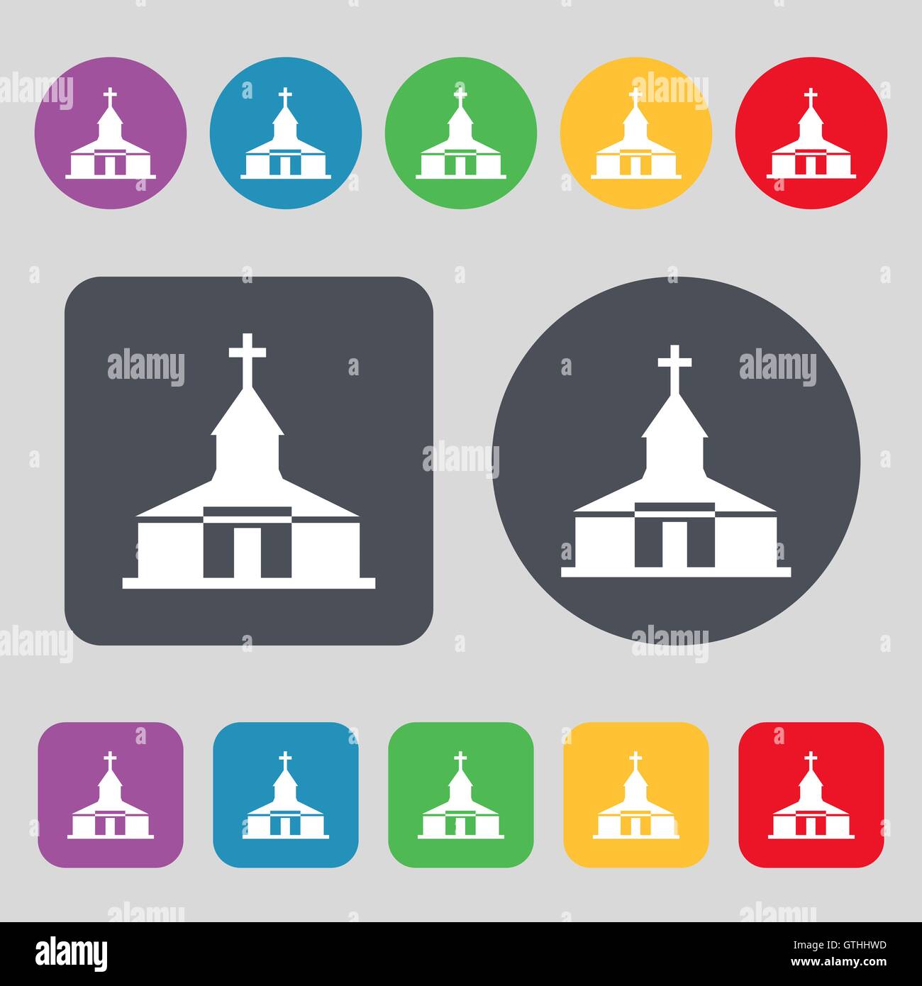 Kirche-Symbol Zeichen. Ein Satz von 12 farbige Tasten. Flaches Design ...