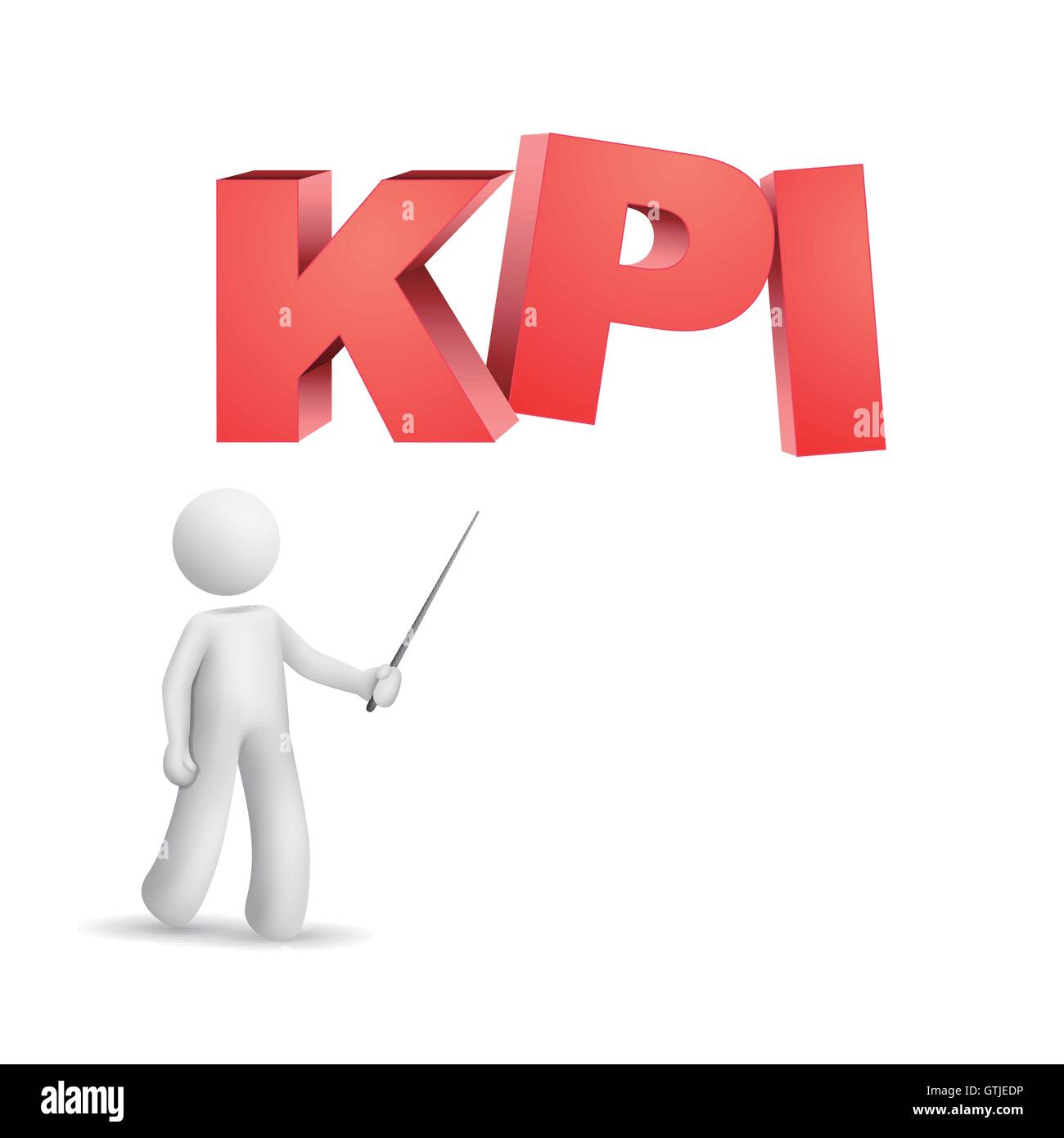 3D Person zeigt auf ein Wort "KPI" (Key Performance Indicator) isoliert ...