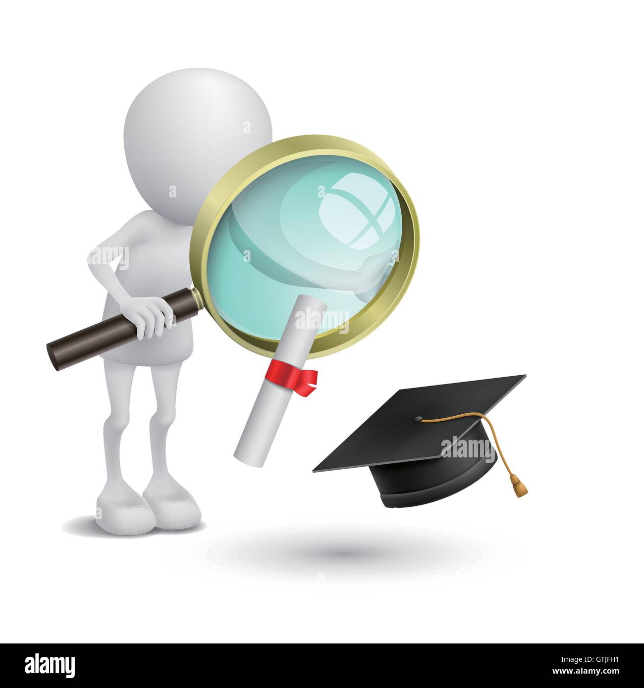 3D Person beobachtete die Graduation Cap und Diplom mit einer Lupe ...