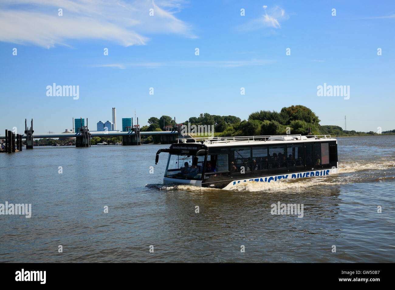 Schwimmen-Sightseeing-Bus-RIVERBUS in der Elbe Fluss, Entenwerder ...