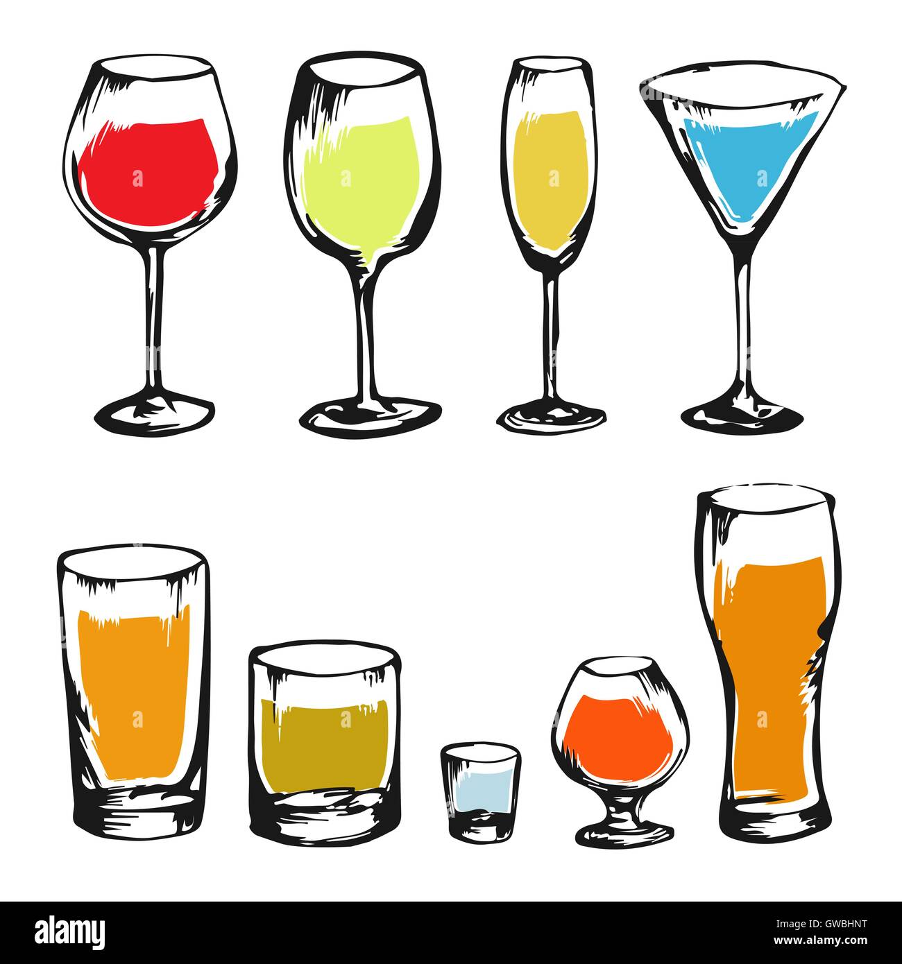 Handgezeichnete Alkohol Getränke Sammlung für Design. Satz von Alkohol ...