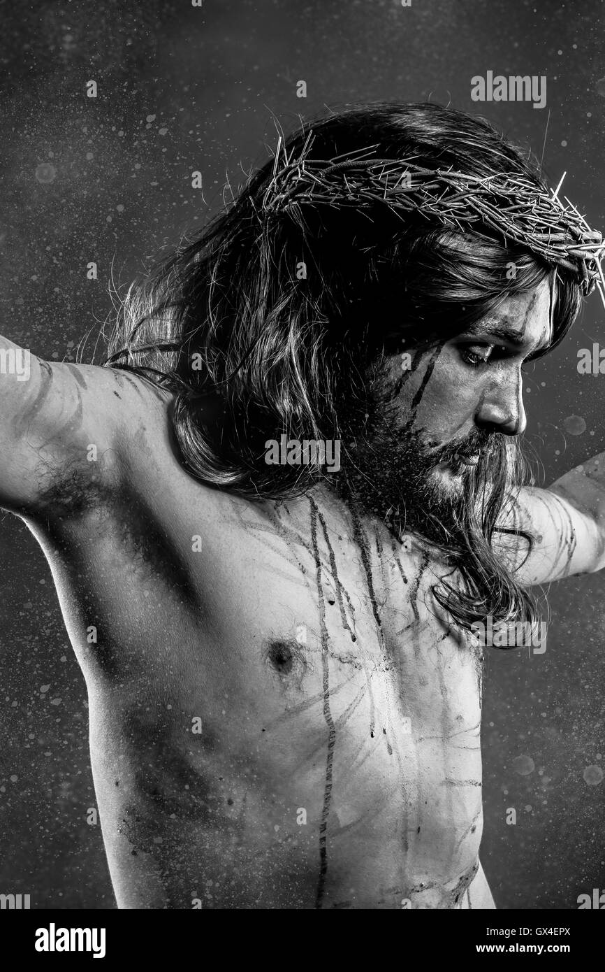 Jesus Christus Kalvarienberg, Mann, Blutungen, Darstellung der Leidenschaft wi Stockfotografie ...