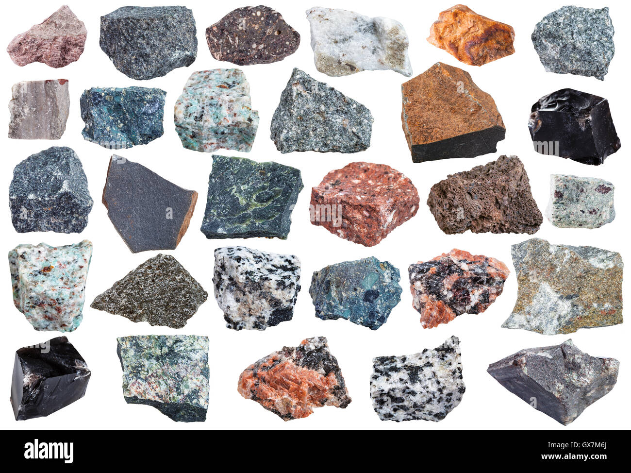 Satz von Eruptivgestein Proben - Pegmatit, Basalt, Trachyt, Orthoclase ...