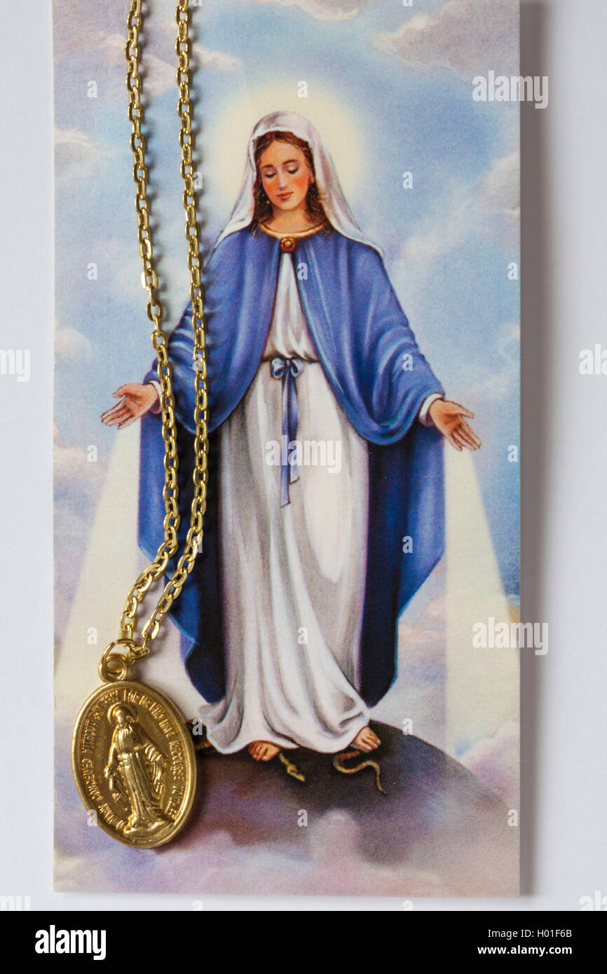 Bild der Jungfrau Maria mit Medaillon auf Kette eingeschrieben "Mary ...