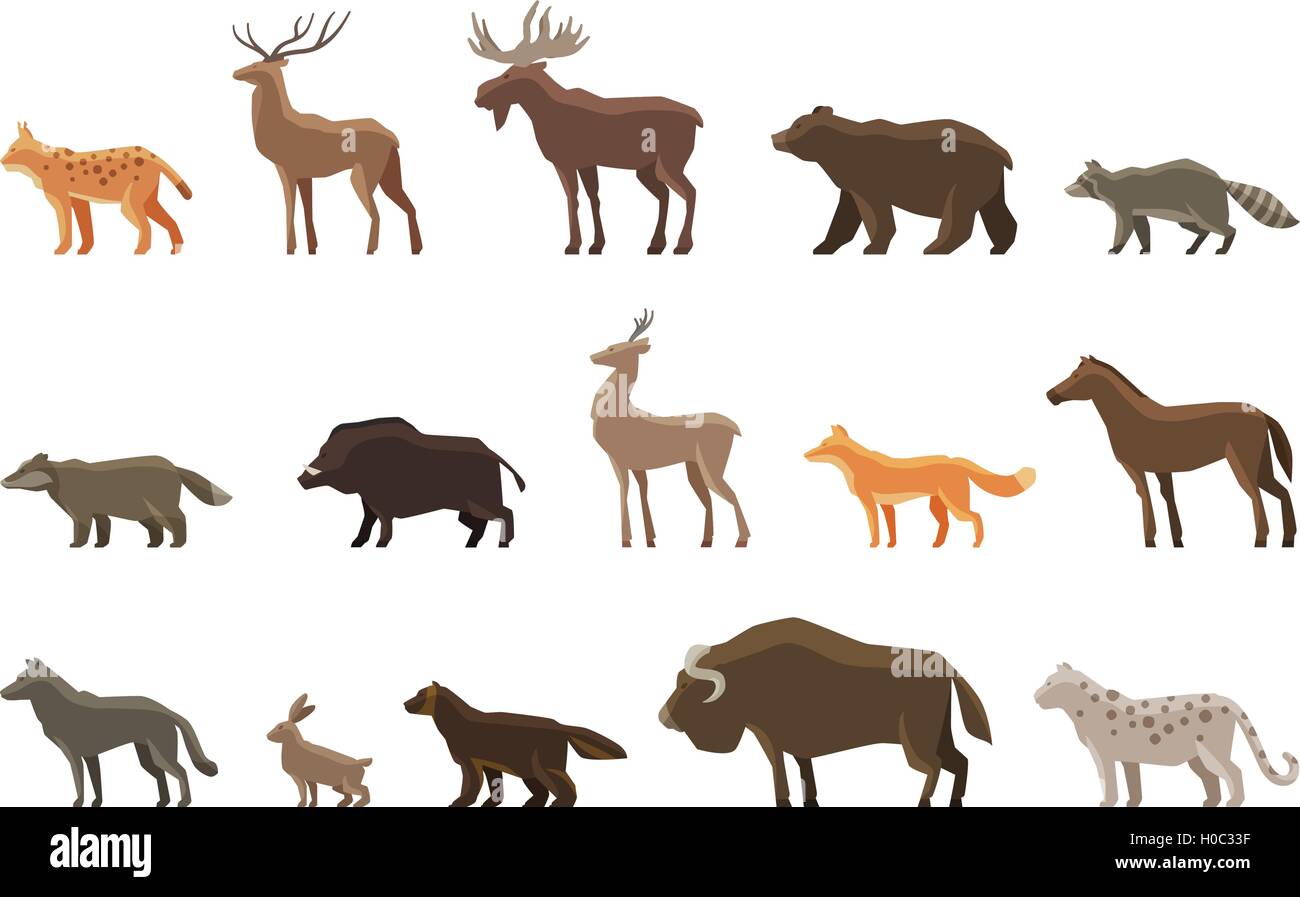 Symbolsatz „Tiere“. Vektorsymbole Luchs, Hirsch, Elch, Bär, Waschbär ...