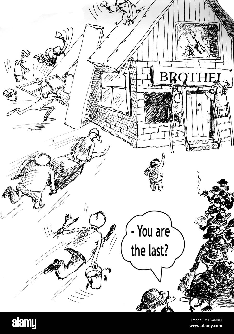 Bordell-Bau. Hand gezeichnete Skizze mit Tinte und Feder auf Papier ...