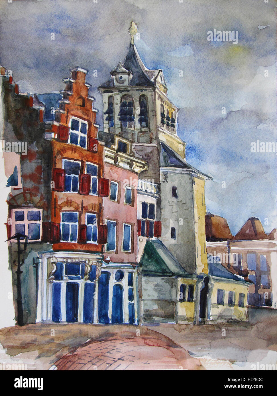 Aquarell-Ansicht von Delft, die Niederlande. Altstadt, Rathaus auf dem ...
