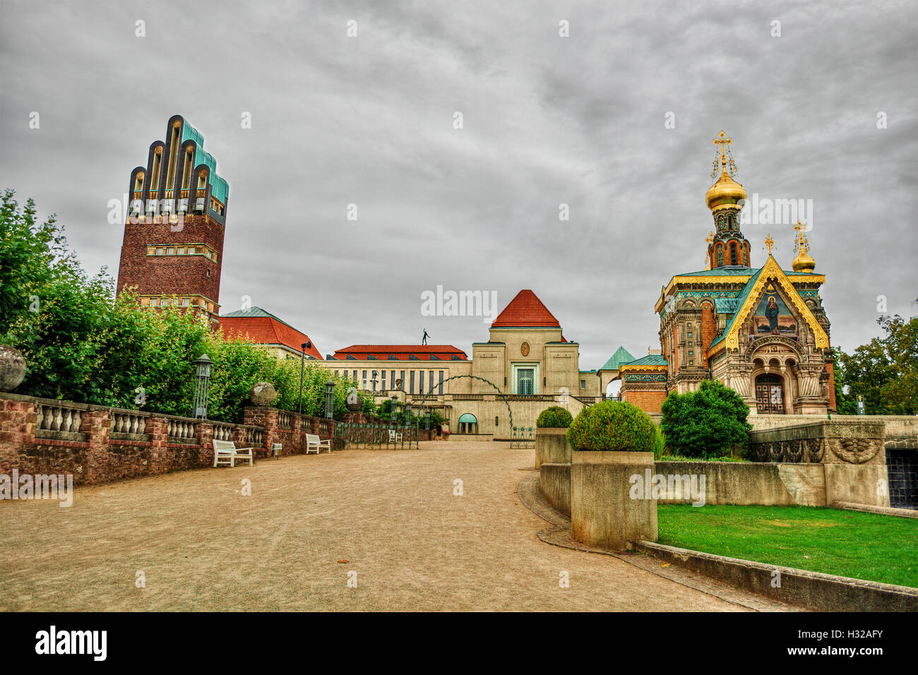 August 2016, Mathildenhöhe in Darmstadt (Deutschland), die ein Museum Hochzeitsturm und eine ...