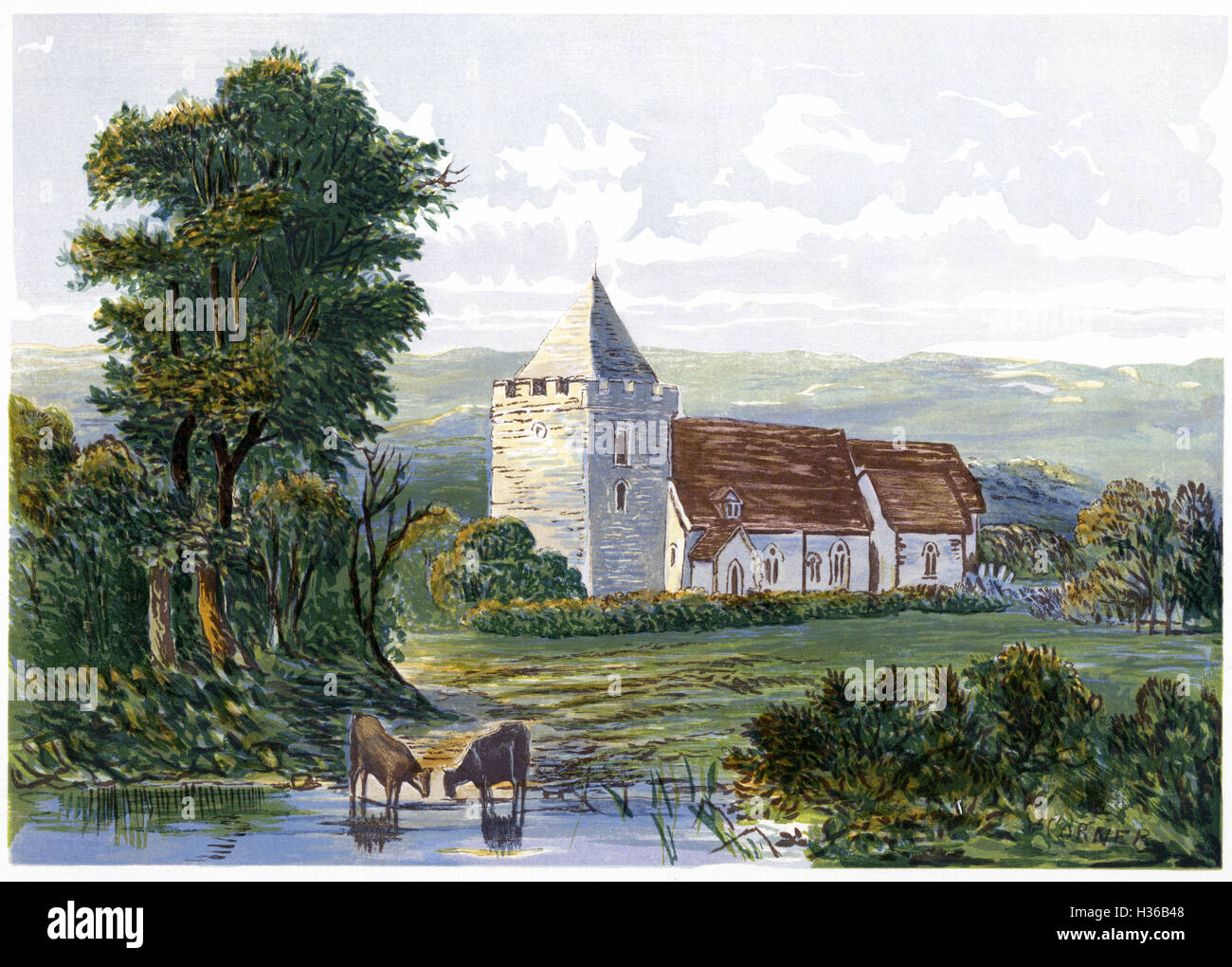 Ein Aquarell Gemälde von St. Nicholas Kirche, Leeds, Kent gescannt und ...