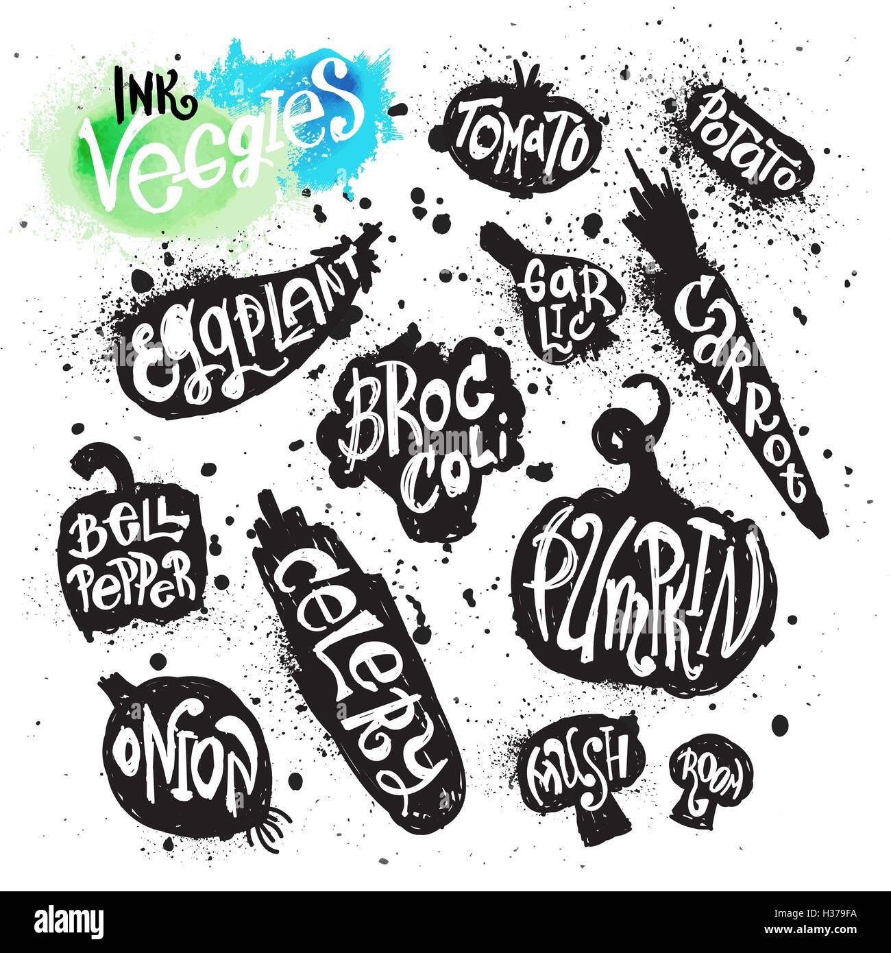 Sammlung von Tinte Splatter Gemüse Silhouette Illustrationen mit ... Sammlung von Tinte Splatter Gemüse Silhouette Illustrationen mit ...